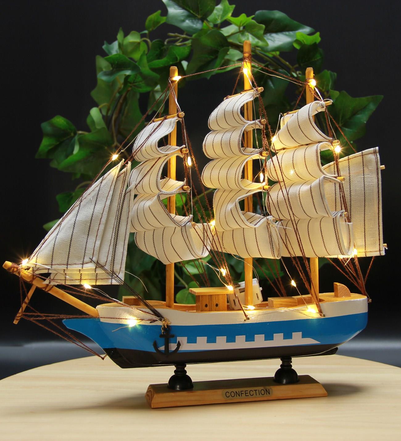 Ahşap Yelkenli Gemi Işıklı Mavi - Beyaz - Mamba kid – Mamba Kid